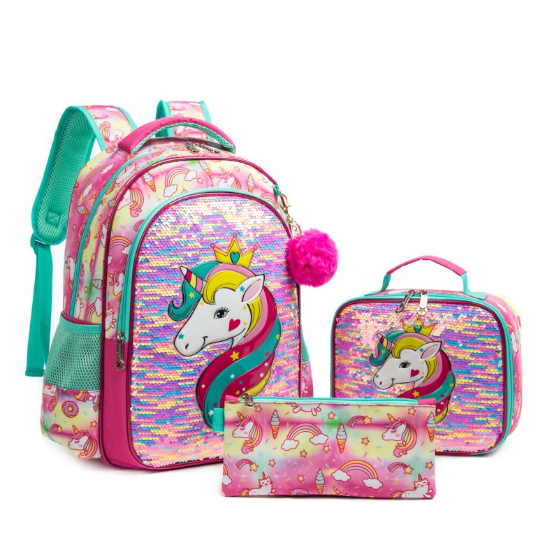 3PCS Sequin School Bags Set Cute Unicom Backpack For Kids - kelvincorp