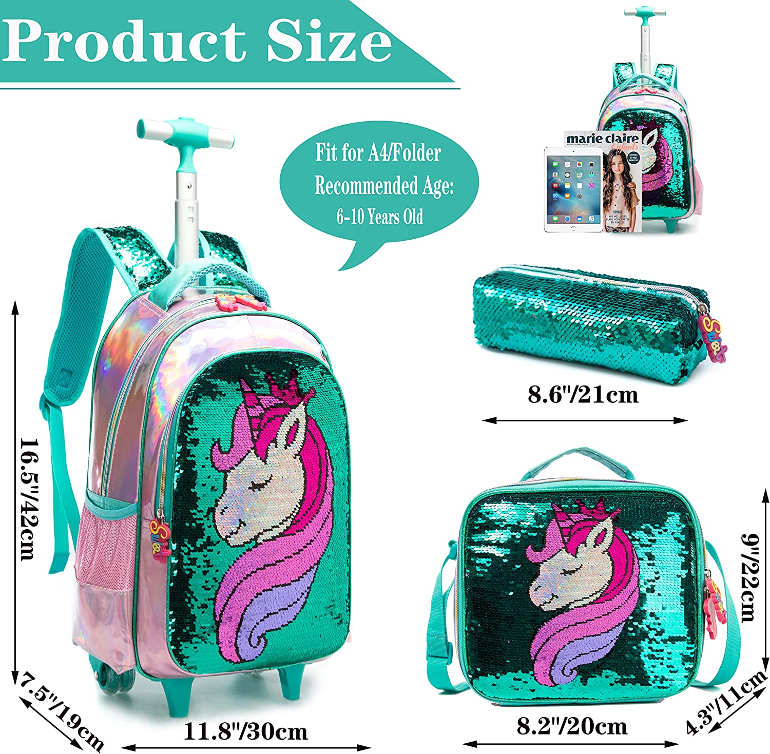 Rolling Backpack For Girls With Reversible Decoration, Lunch Box ...